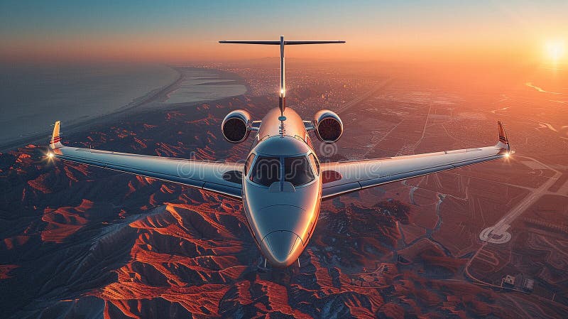 Private Jet Flying Over Mountains in Beautiful Sunset Light. AI ...