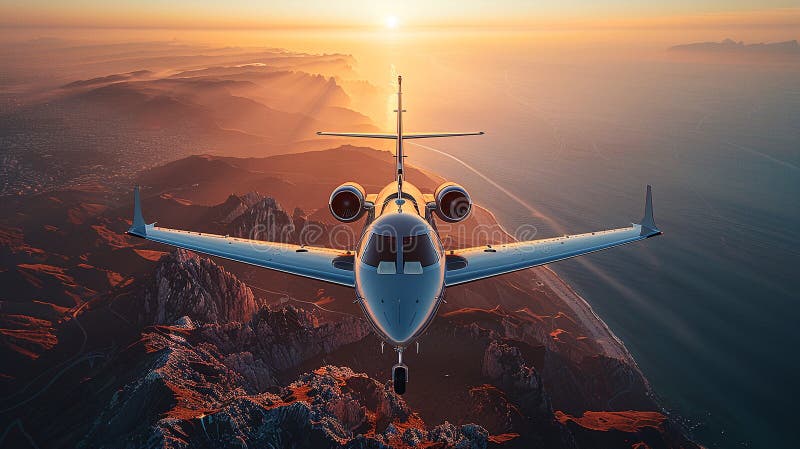 Private Jet Flying Over Mountains in Beautiful Sunset Light. AI ...