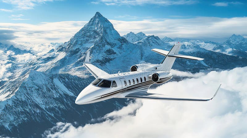 Private Jet Flying Over Snow Capped Mountains Under a Clear Blue Sky ...