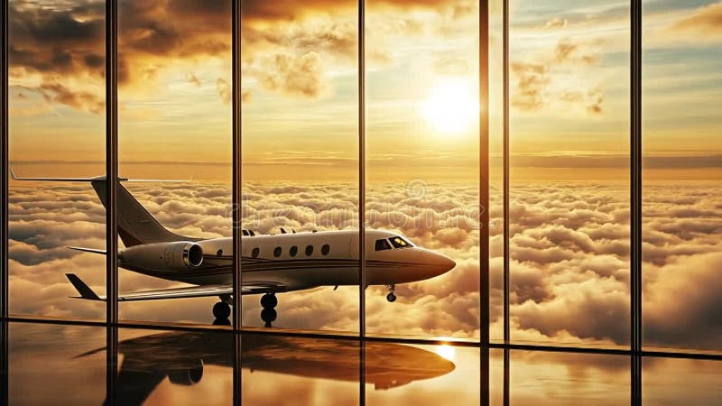 Private Jet on Glossy Floor with Panoramic Cloudscape View through ...