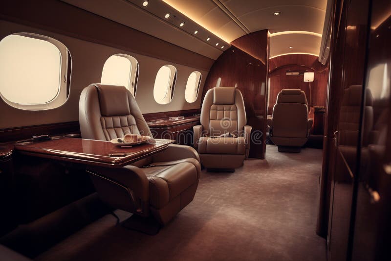 Private Jet Interior with Leather Seats and Table Stock Image - Image ...