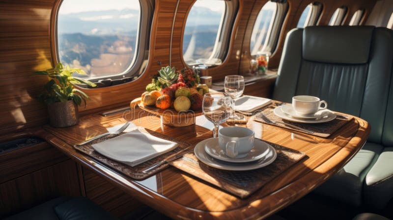 A Private Jet in Modern Style with Breakfast on the Table. Generative ...
