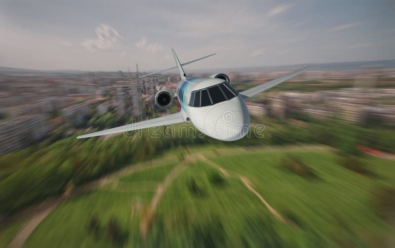 Private jet over city stock illustration. Illustration of aerial - 72868162