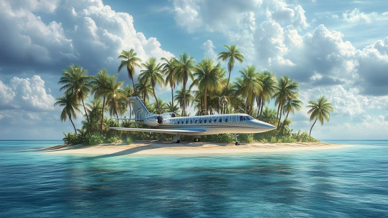 Private Jet Parked on a Tropical Island with Palm Trees Stock ...