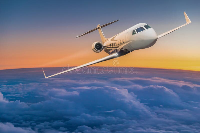Private Jet Plane Flying Above Dramatic Clouds. Stock Image - Image of ...