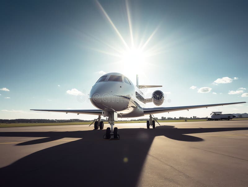 Private Jet on the Runway in the Rays of the Setting Sun. Made with ...