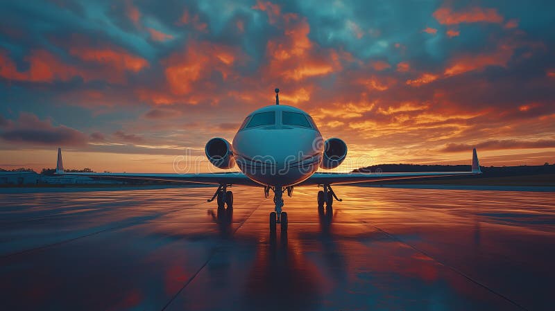 Private Jet on Runway at Sunset with Dramatic Clouds Reflecting on Wet ...