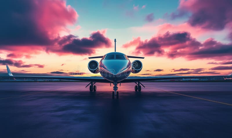 Private Jet on Runway at Sunset with Dramatic Clouds and Vibrant Colors ...
