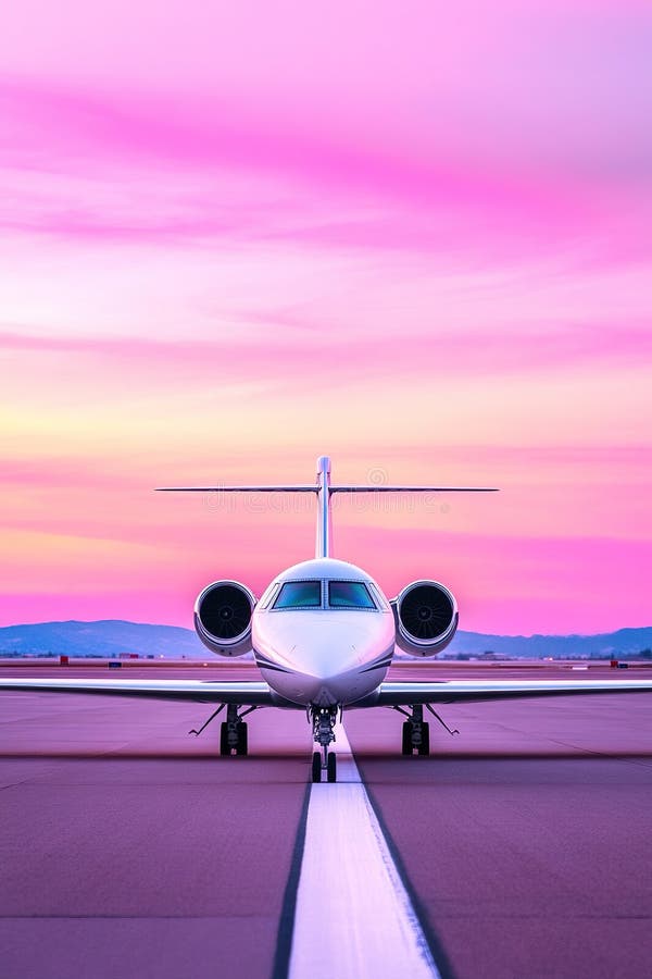 Private Jet on Runway at Sunset with Vibrant Pink and Orange Sky Stock ...