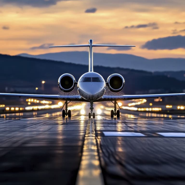 Private Jet on Runway at Sunset Stock Image - Image of evening ...