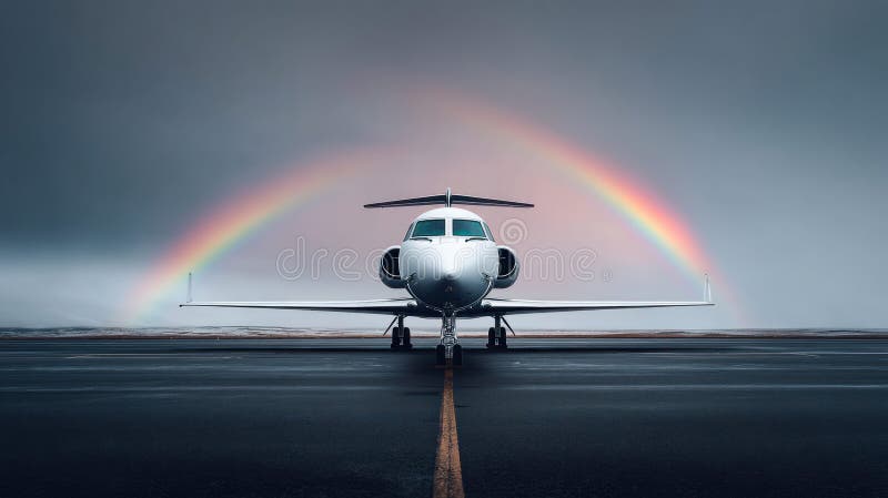 A Private Jet Sits on the Tarmac with a Full Rainbow Arching Gloriously ...