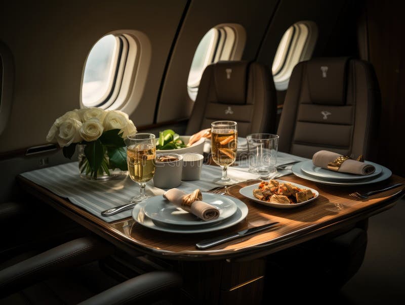 A Private Jet in the Style of Modern with a Dining Set on the Table ...