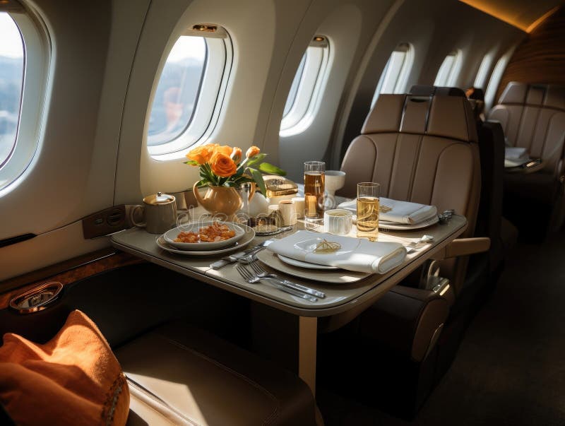 A Private Jet in the Style of Modern with a Dining Set on the Table ...