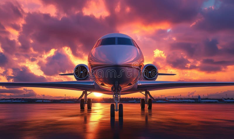 Private Jet at Sunset with Dramatic Clouds and Reflections on Runway ...