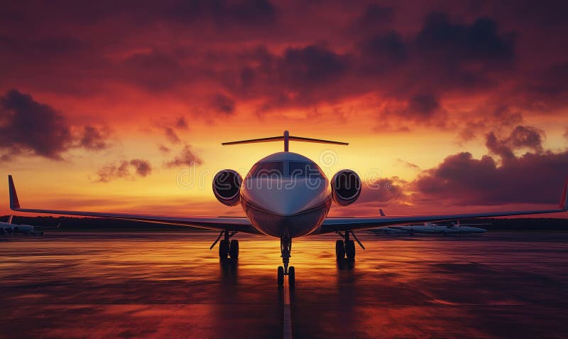 Private Jet at Sunset with Dramatic Sky and Reflections on Runway Stock ...