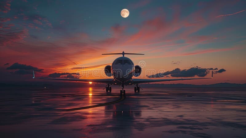 Private Jet on Tarmac at Sunset with Full Moon in Sky. Stock Photo ...