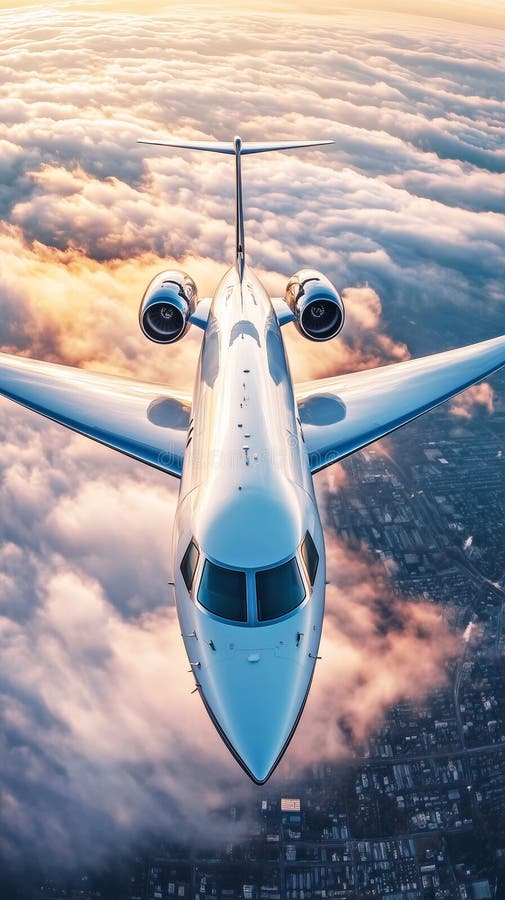 Private Luxury Jet Charter Flying High about the City and Clouds Stock ...