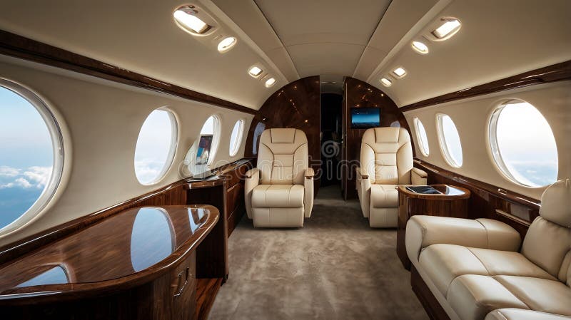 Private Plane Interior, Modern Private Jet Lounge with Panoramic ...