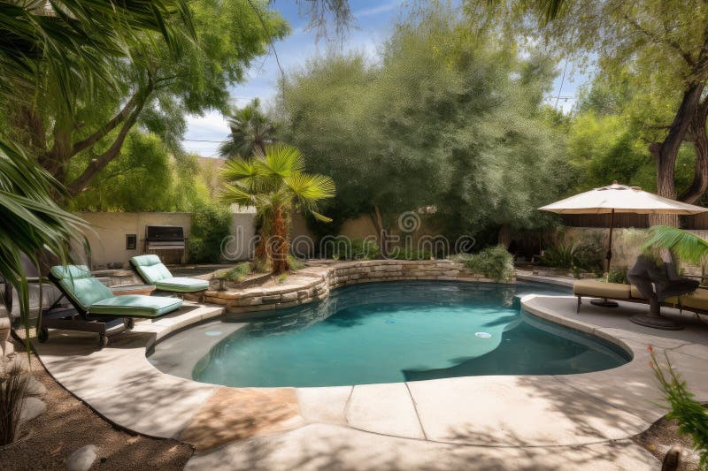 Private Pool and Hot Tub in Secluded Backyard Oasis Stock Illustration ...