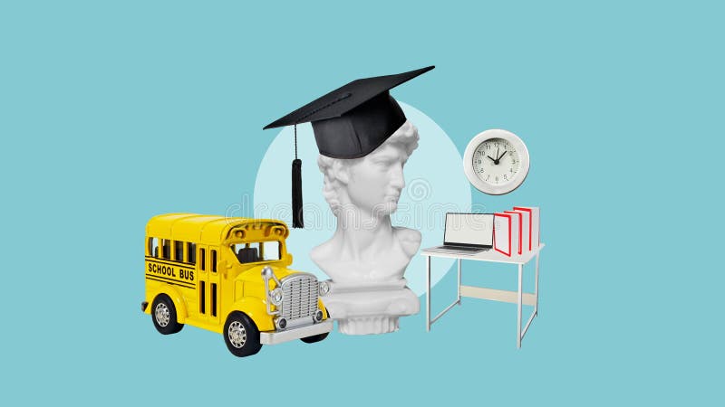Private School As Alternative Studying. School Bus, Graduation Hat and ...