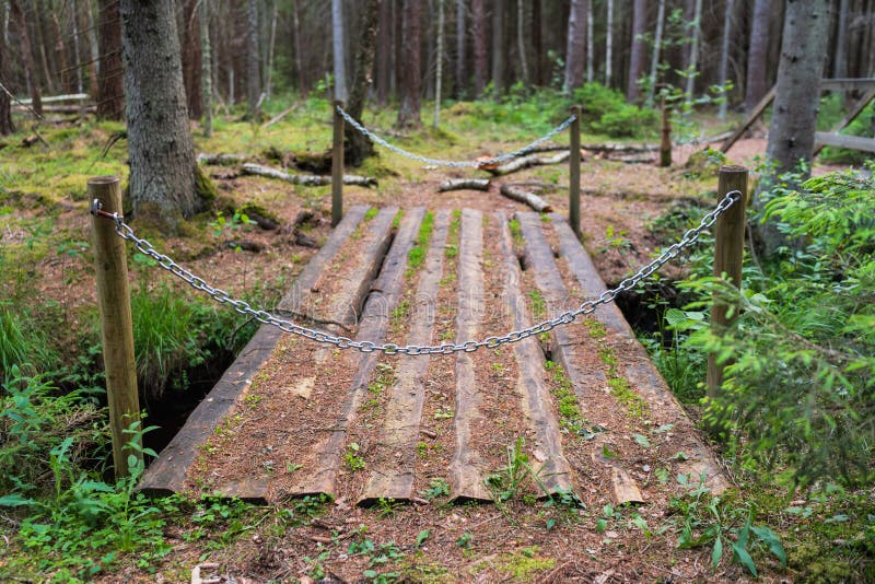 A Private Wooden Log Bridge on a Forest Trail, Blocked by Chains To ...