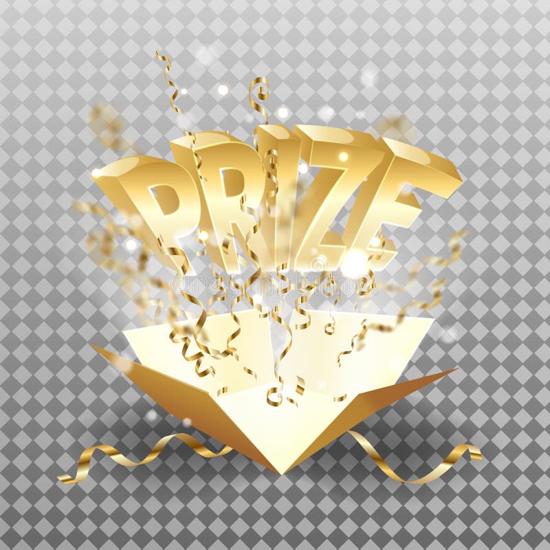 PRIZE Gold Text. Open Textured Box with Confetti Explosion Inside and ...