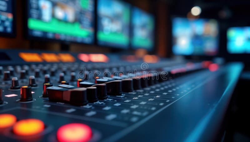 Pro Audio Video Mixing Console in Broadcast Studio. Many Buttons, Knobs ...