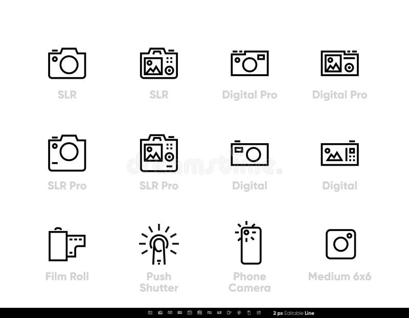 Pro Camera Icons Line Set. Digital, SLR, Film and Phone Camera Push ...