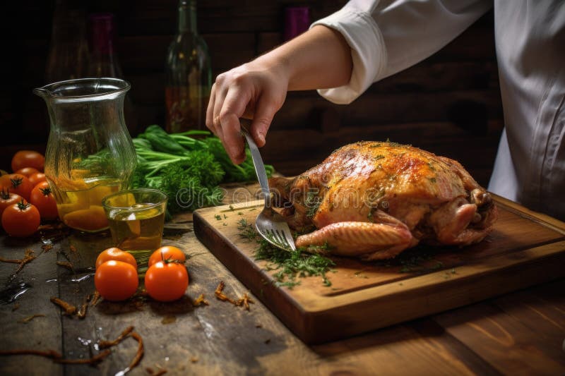 Pro Chef Injecting Marinade into a Rustic Organic Chicken Stock Image ...