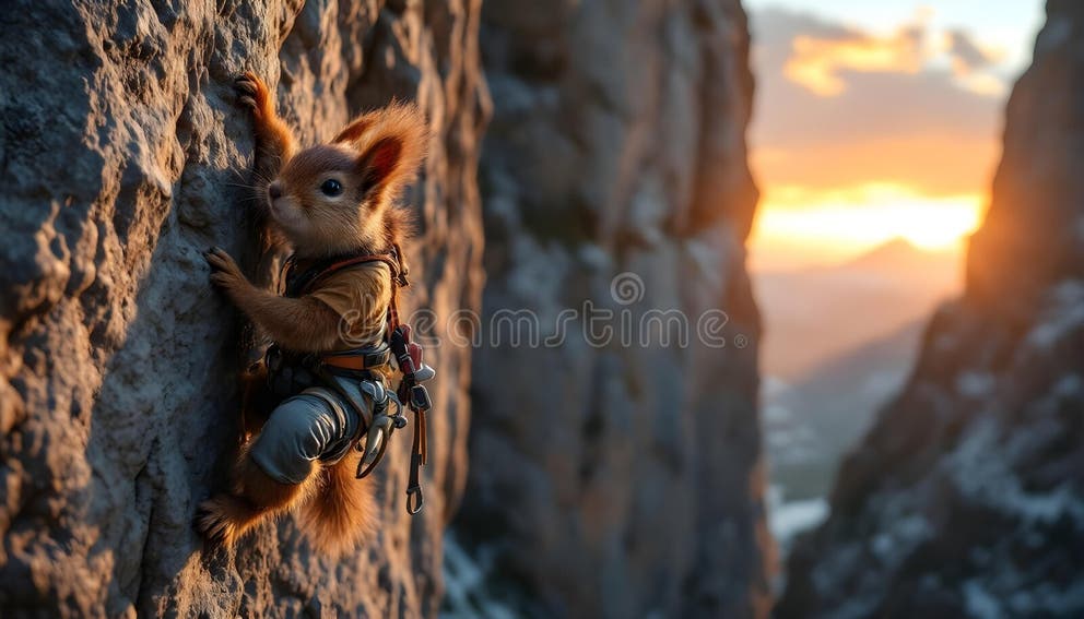 Pro Climber Squirrel with Backpack and Climbing Tools Climbing a Cliff at Sunrise Stock Image ...