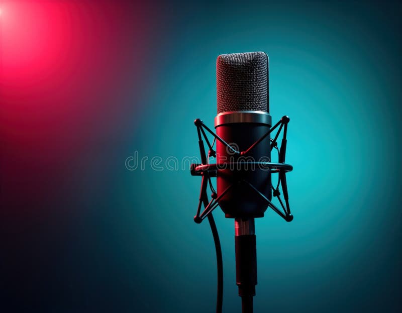 Pro Condenser Microphone Studio Set Against Dark Background. Colored ...