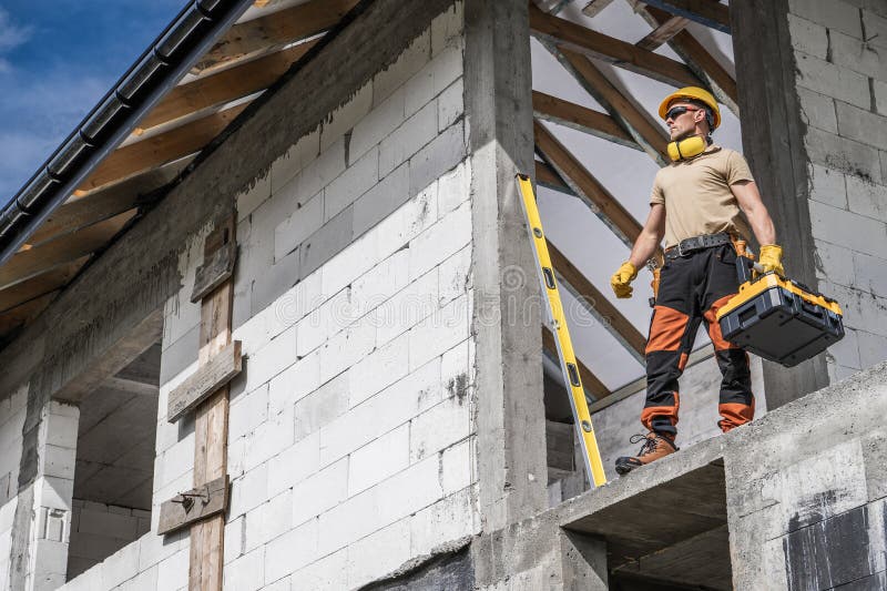 Pro Construction Contractor Worker Staying on a Balcony Section Stock ...