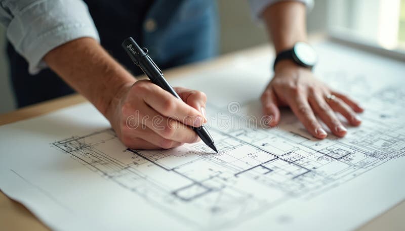 Pro Drafter Working on Architectural Blueprints. Architect Draws Building Plan with Pen ...