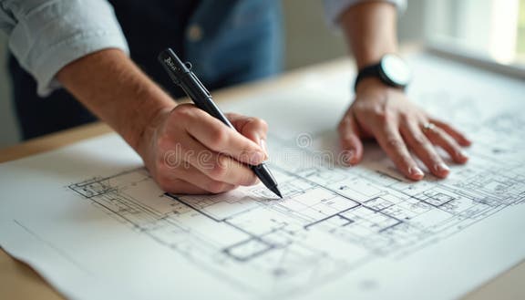 Pro Drafter Working on Architectural Blueprints. Architect Draws ...