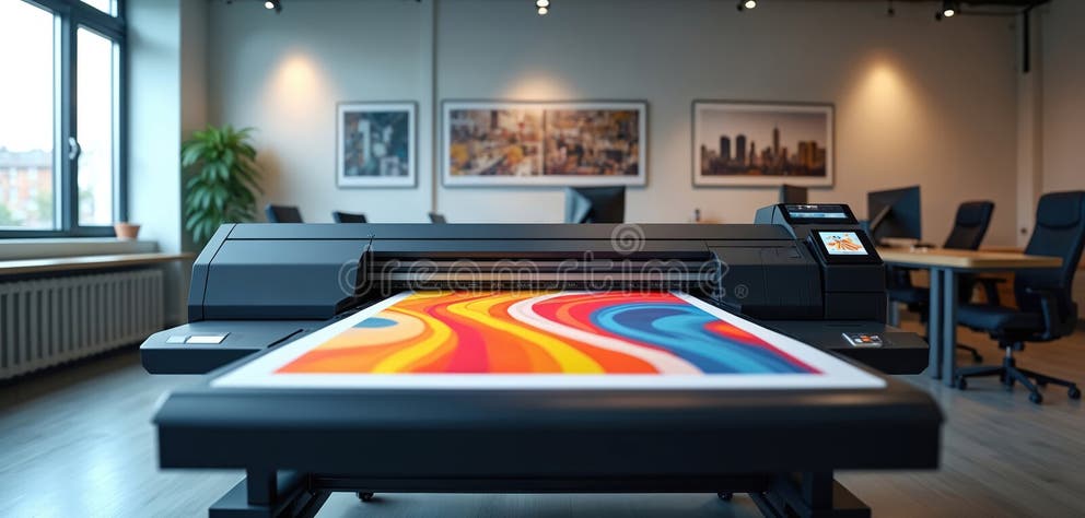 Pro Large Format Plotter Printer in Office Setting Produces Vibrant, Colorful Prints with ...