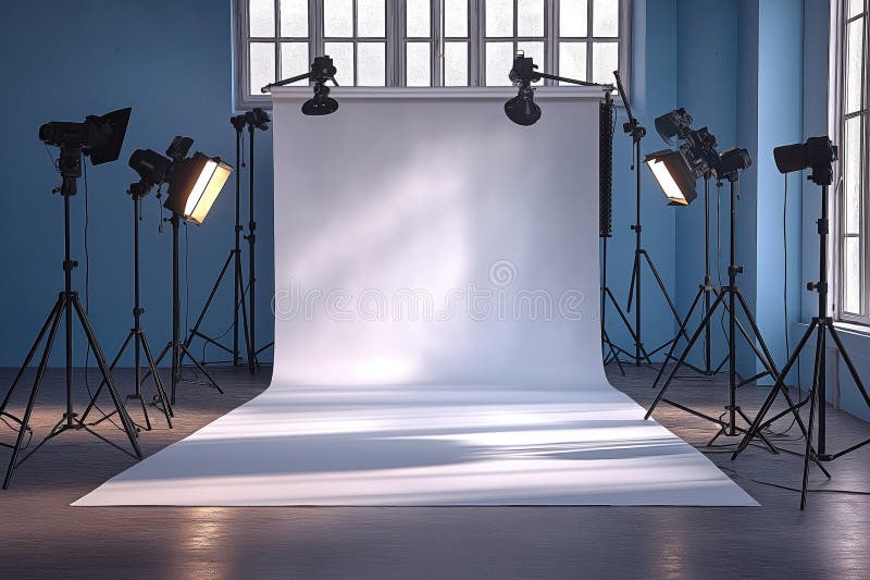 Pro Photo Studio Setup with Seamless White Backdrop, Soft Light. Studio ...