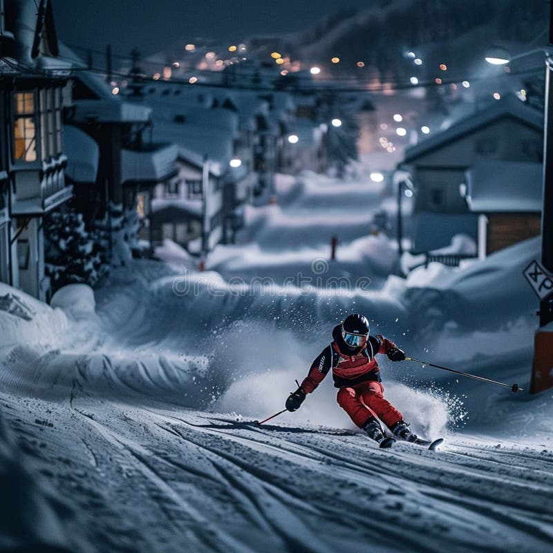 Pro Skier Glides on Town Road, Showcasing Unique Skiing Technique Stock ...