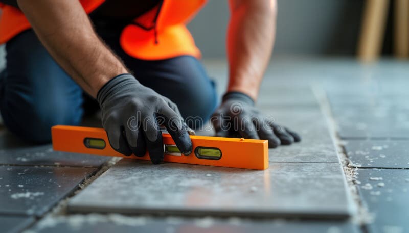 Pro Tiler Carefully Positions Level To Ensure Precise Placement of ...