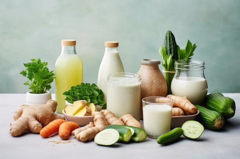 Probiotic-rich Foods Arranged Against a Cool-tone Backdrop Stock Image ...