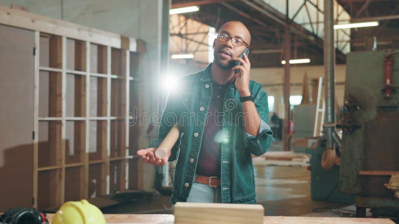 Problem, Architect and Man with Phone Call Talking in Warehouse for Client Feedback and ...