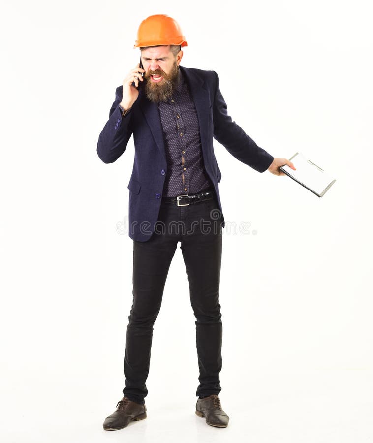 Problem at Construction Site. Full Length Studio Shot Isolated on White ...