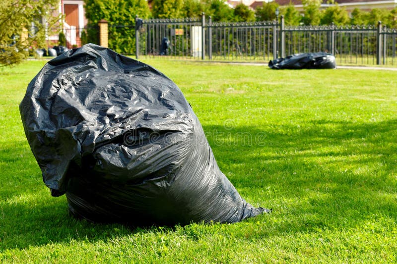 Big Black Trash Bag on the Lawn. Cleaning the Area Stock Image - Image ...