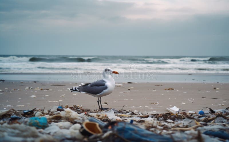Seagull on Beach with Plastic Pollution Problem Stock Photo - Image of ...