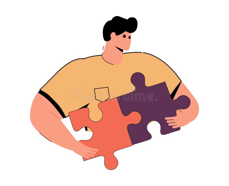 Problem-solving, Cute Cartoon Man Connecting Puzzle Pieces. Product ...