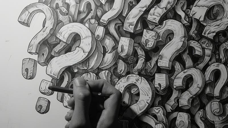 Problem Solving. Explosion of Question Marks in Black and White Sketch ...