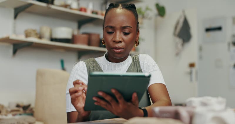Problem Solving, Stress and Tablet with Black Woman in Pottery Boutique ...