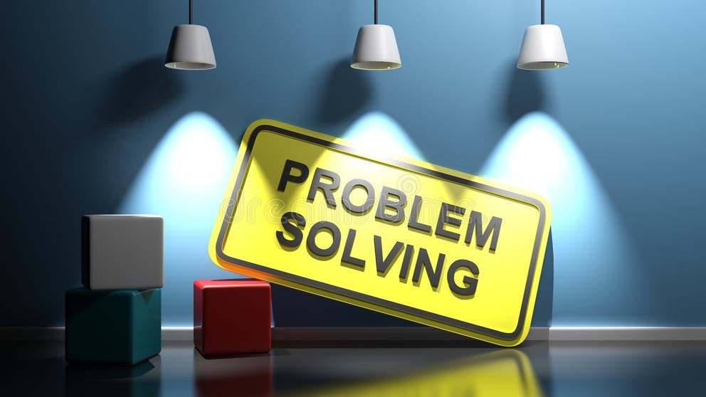 PROBLEM SOLVING Yellow Sign at Blue Illuminated Wall - 3D Rendering ...