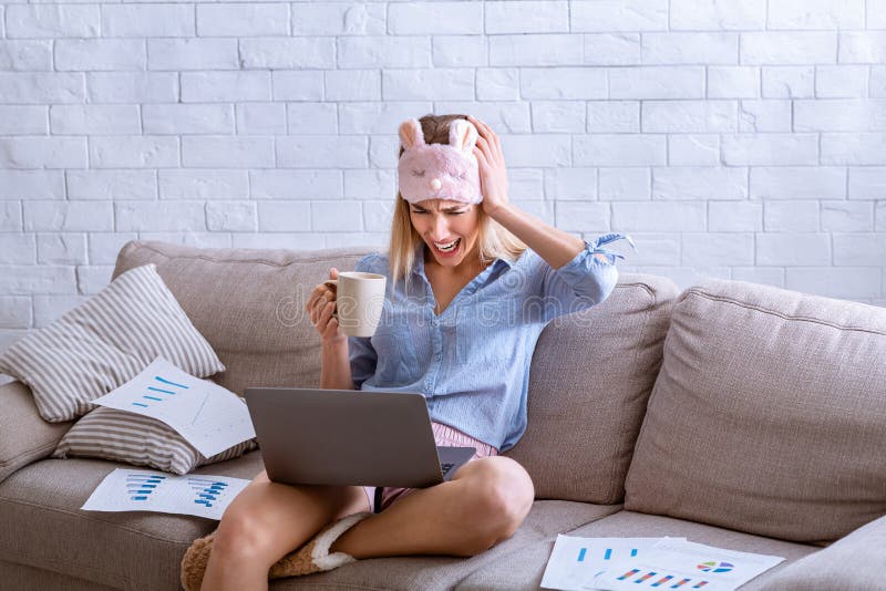 Problems in Remote Work. Woman Screams and Holds Head Stock Image ...