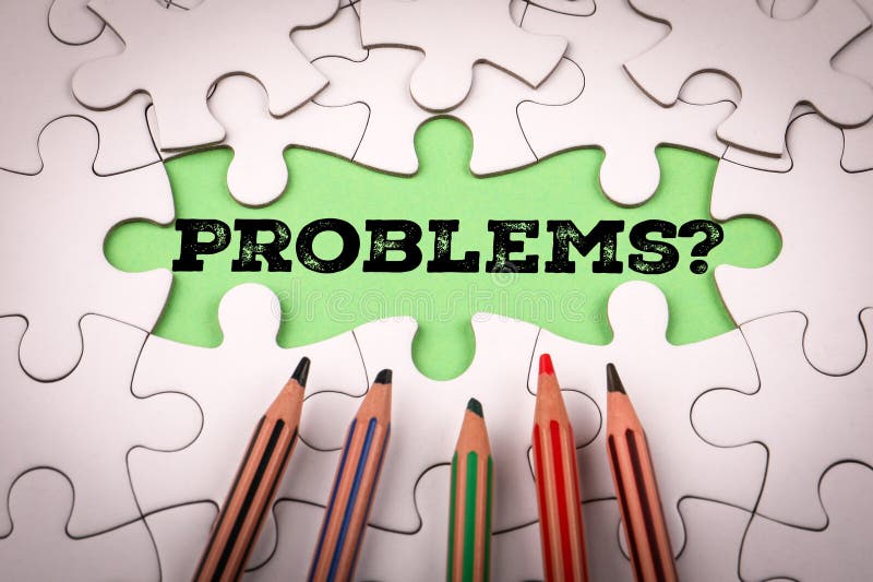 PROBLEMS. White Puzzle Pieces and Colored Pencils Stock Photo - Image ...