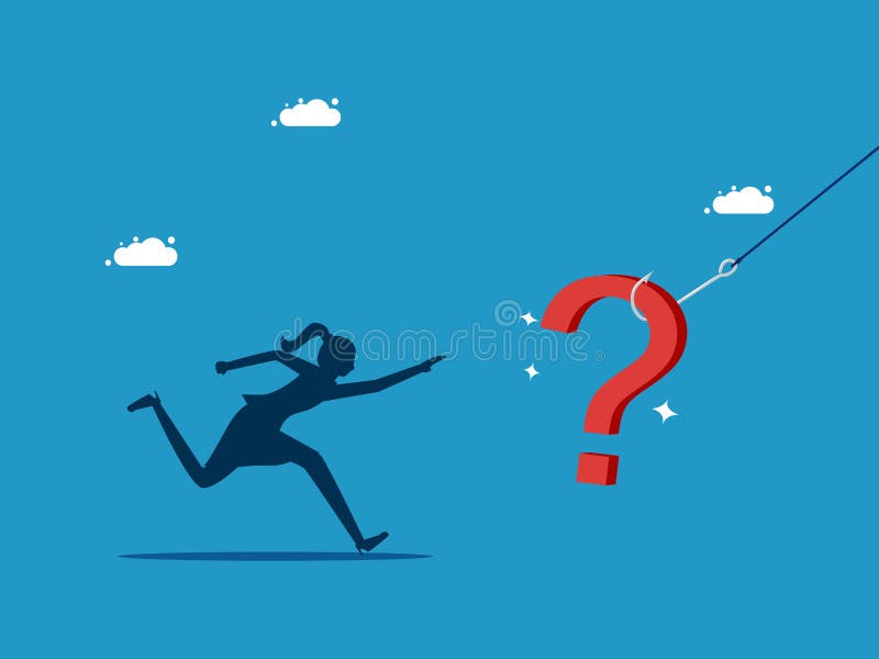 Problems. Woman Chasing a Question Mark on a Hook Stock Vector ...
